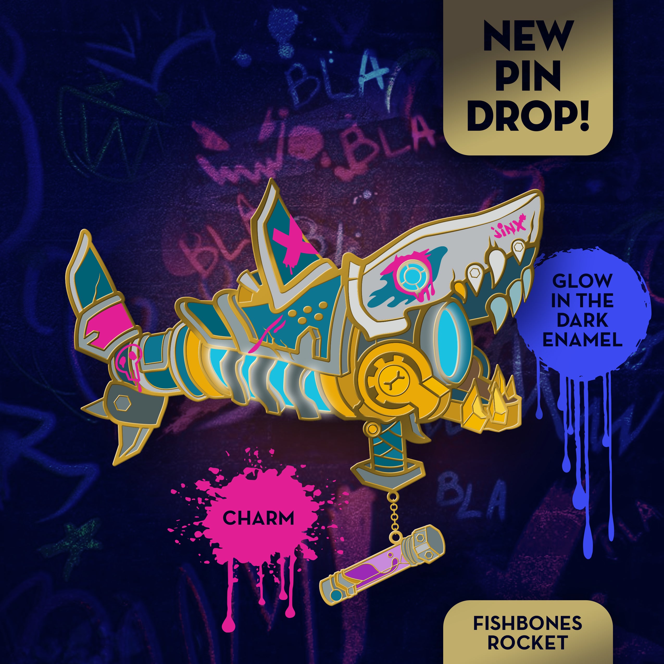 Jinx's Fishbones Rocket Hard Enamel Pin - Pre Order – FunkyPunkyDesigns